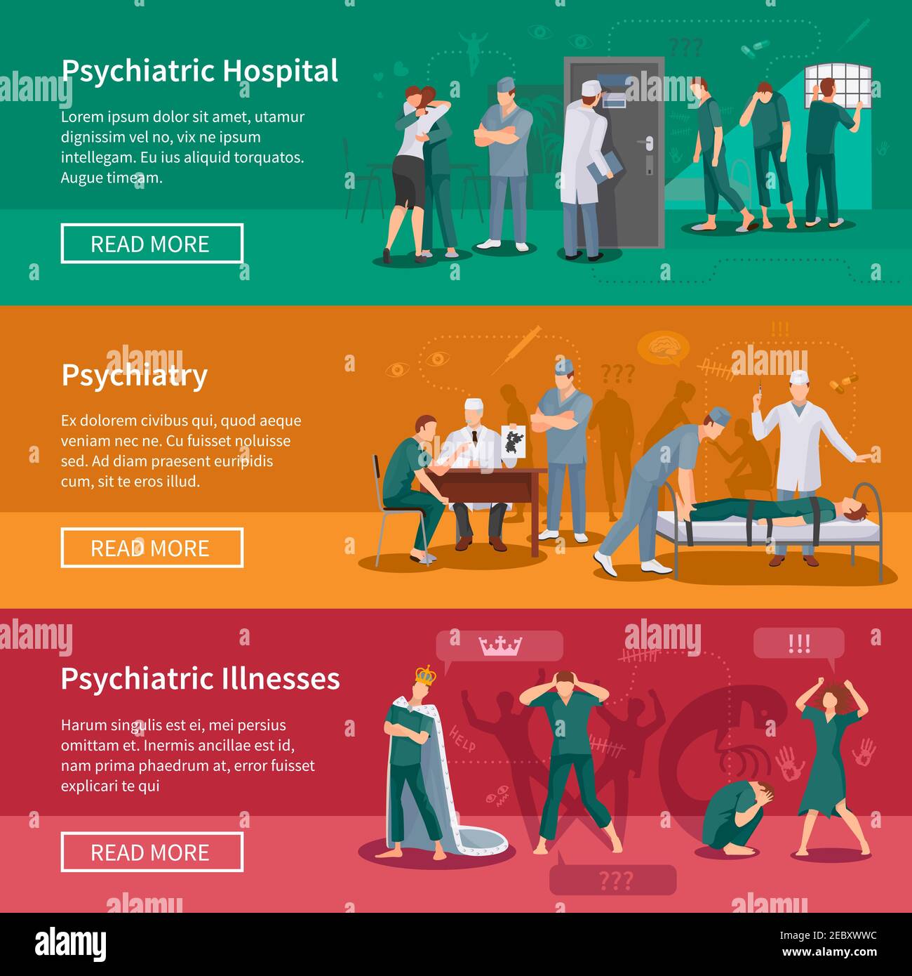 Psychiatric illnesses horizontal banners set with hospital symbols flat ...