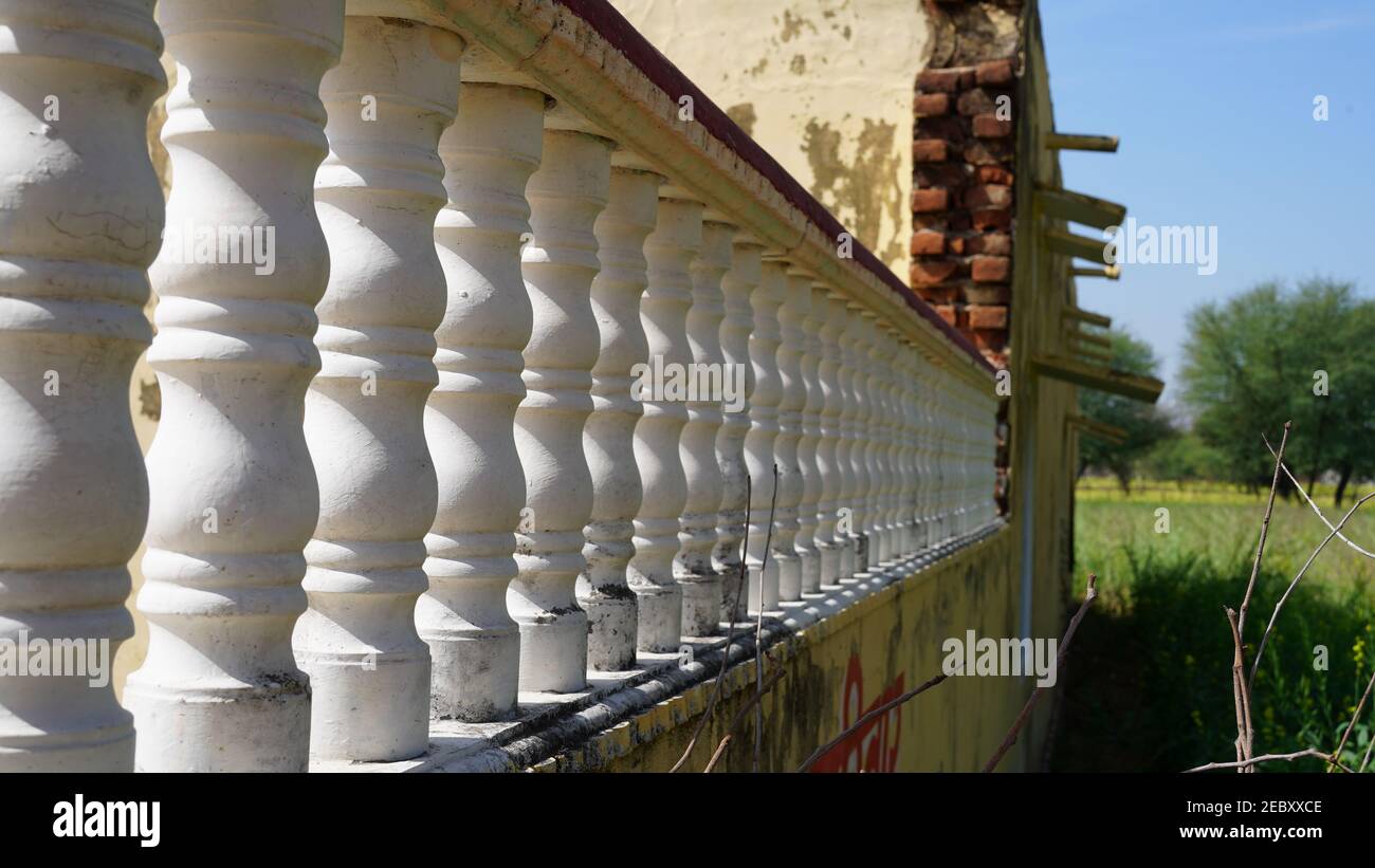 Marble, stone balustrade, balcony railing or handrails. Building ...