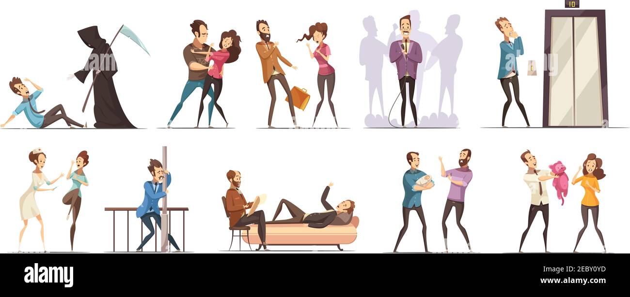 Colored and isolated phobia fear obsession icon set with people meet ...
