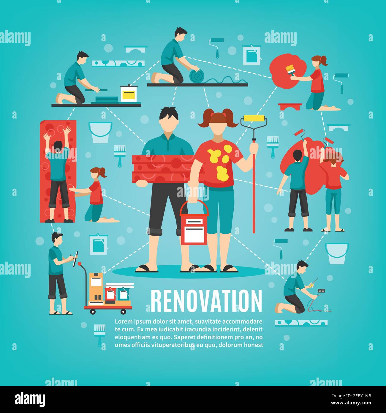 Renovation crew square conceptual background with boy and girl faceless ...