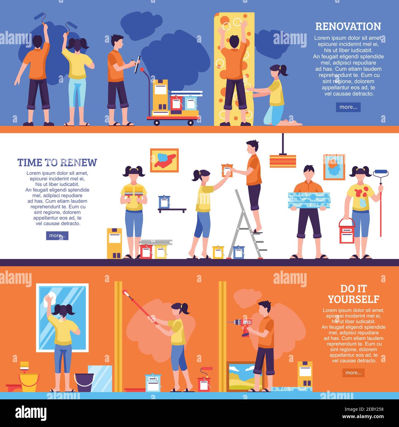 Set of three renovation horizontal banners with maintenance team ...