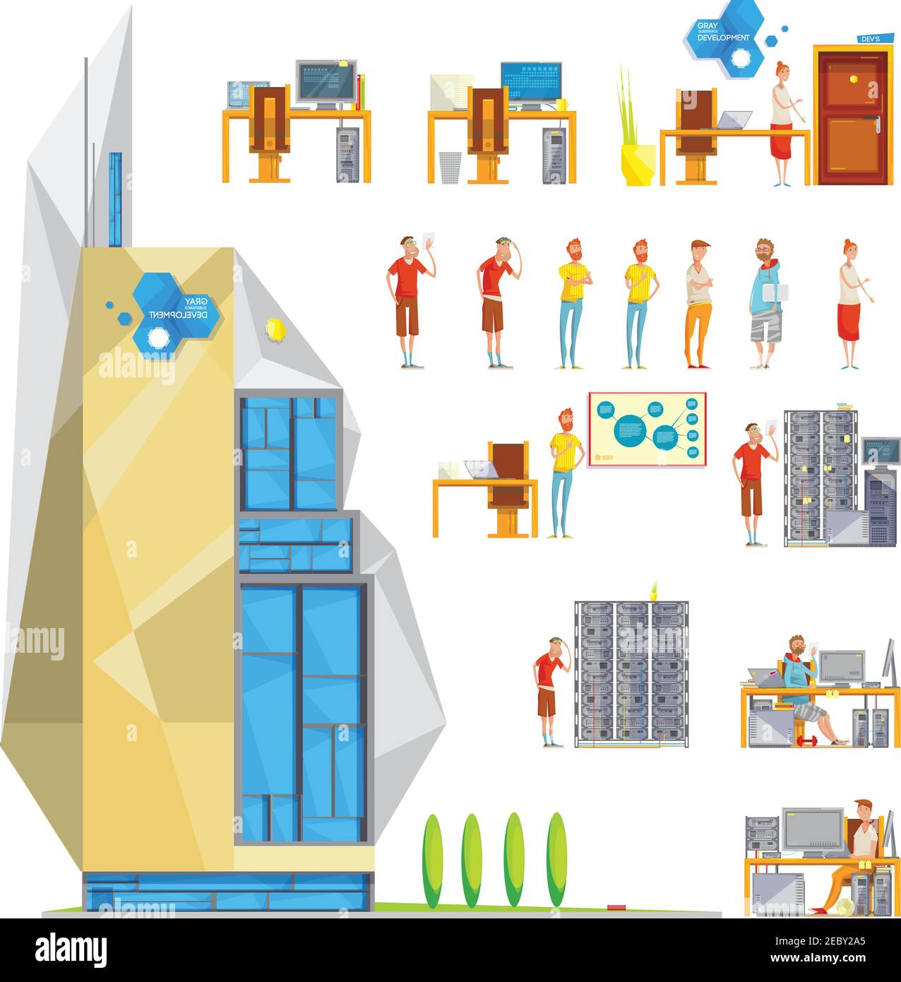 Isolated software development office elements set with decorative ...