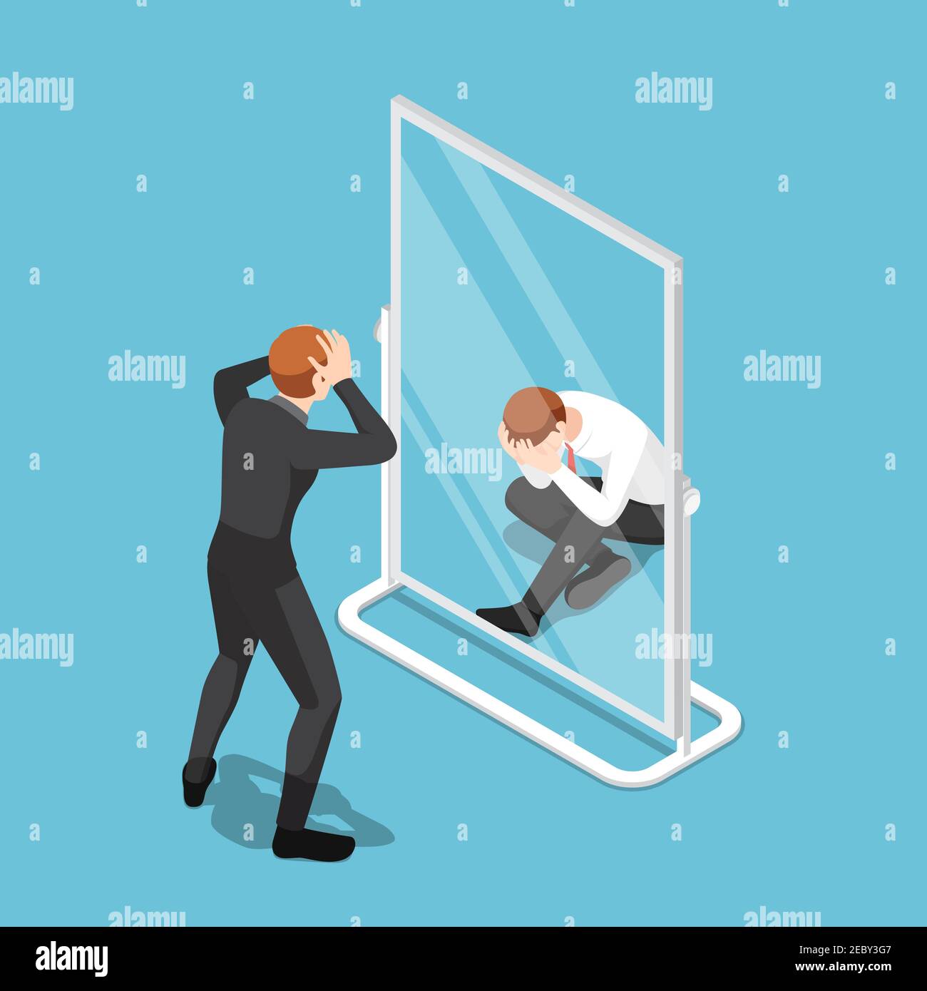 Flat 3d Isometric Businessman See Himself Failure in The Mirror ... Flat 3d Isometric Businessman See Himself Failure in The Mirror ...