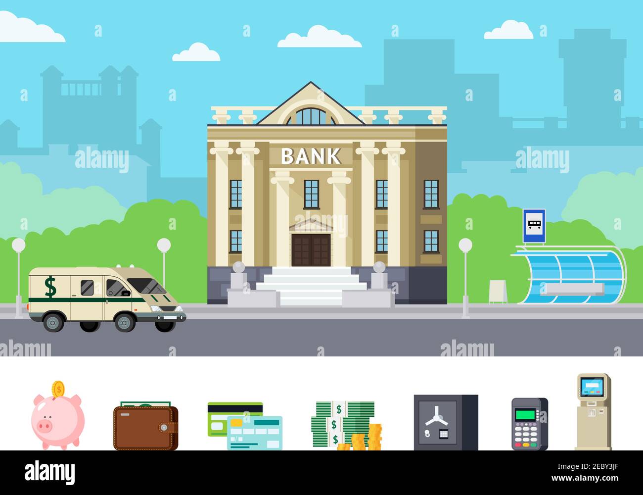 Orthogonal concept with city bank office and financial tools including ...