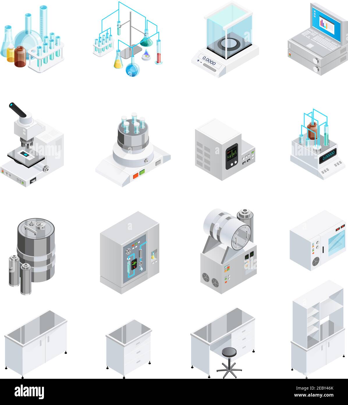 Laboratory icons set with sixteen isolated isometric images of lab ...