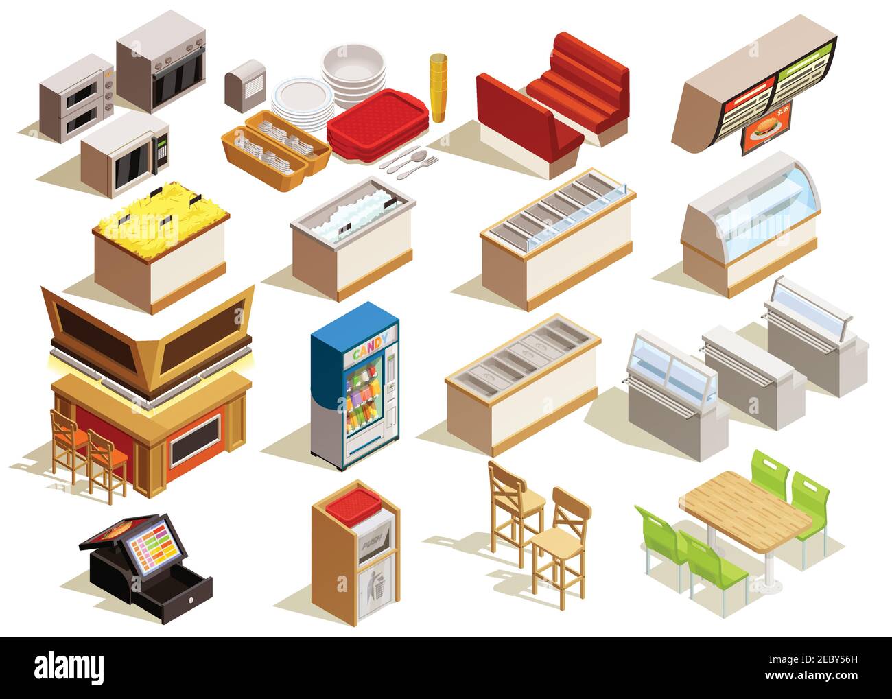 Isometric food court interior elements set with furniture kitchen ...