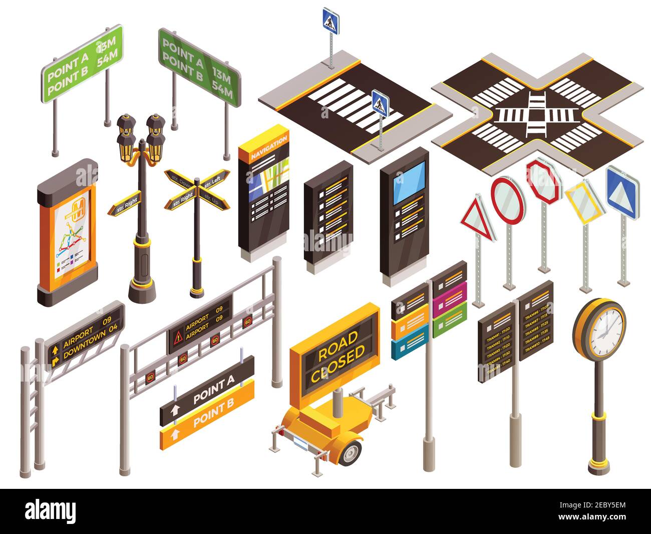 City navigation isometric elements set with isolated realistic images ...