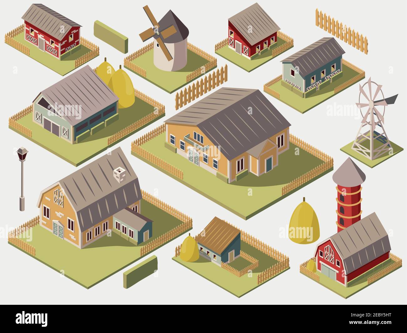 Set of isometric farms with mills barn and silo hay fence and street ...