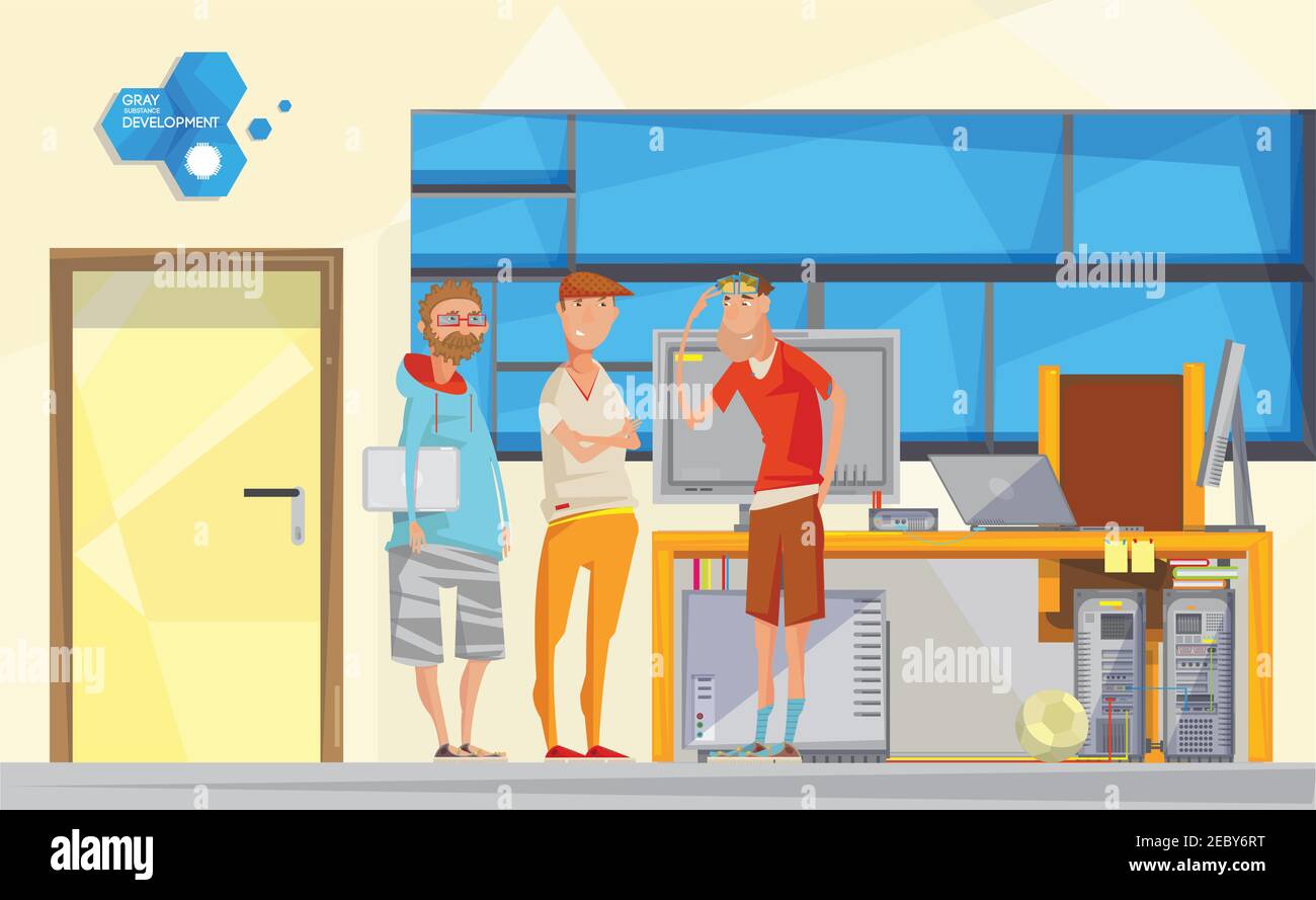 Cartoon composition with software development office interior and three ...