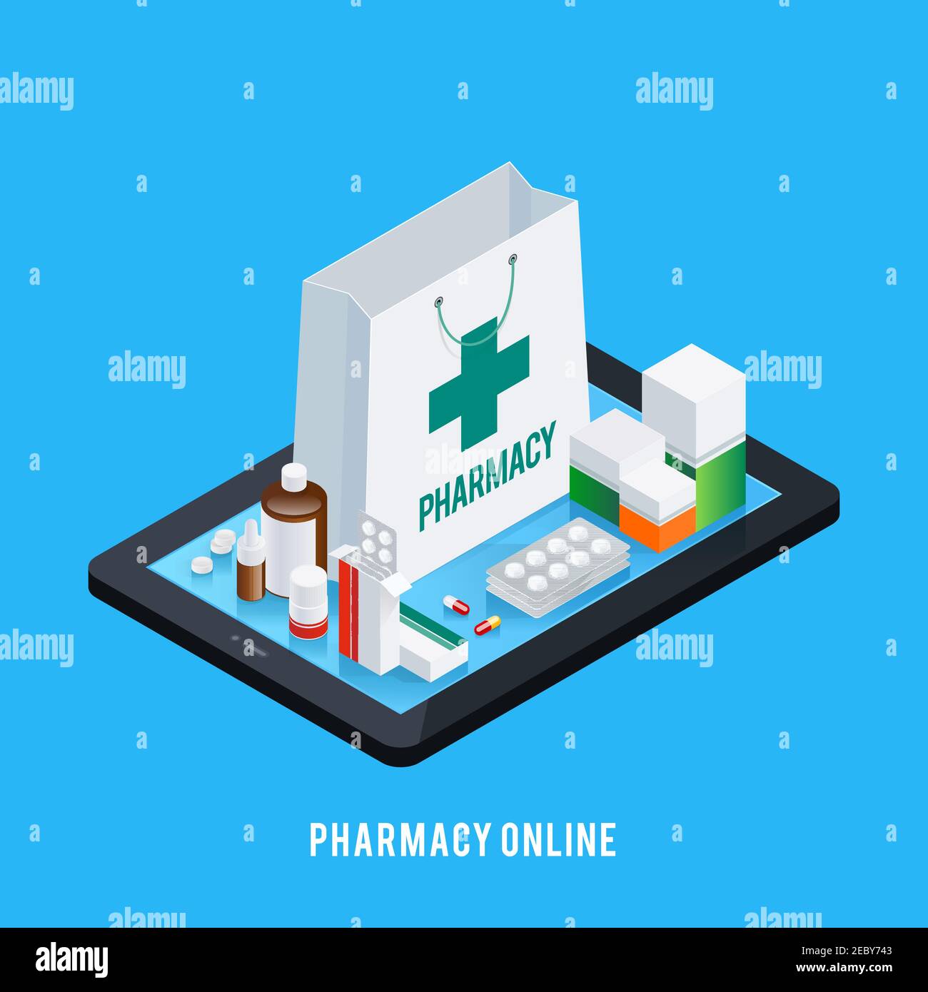 Online pharmacy conceptual composition with isometric images of tablet ...