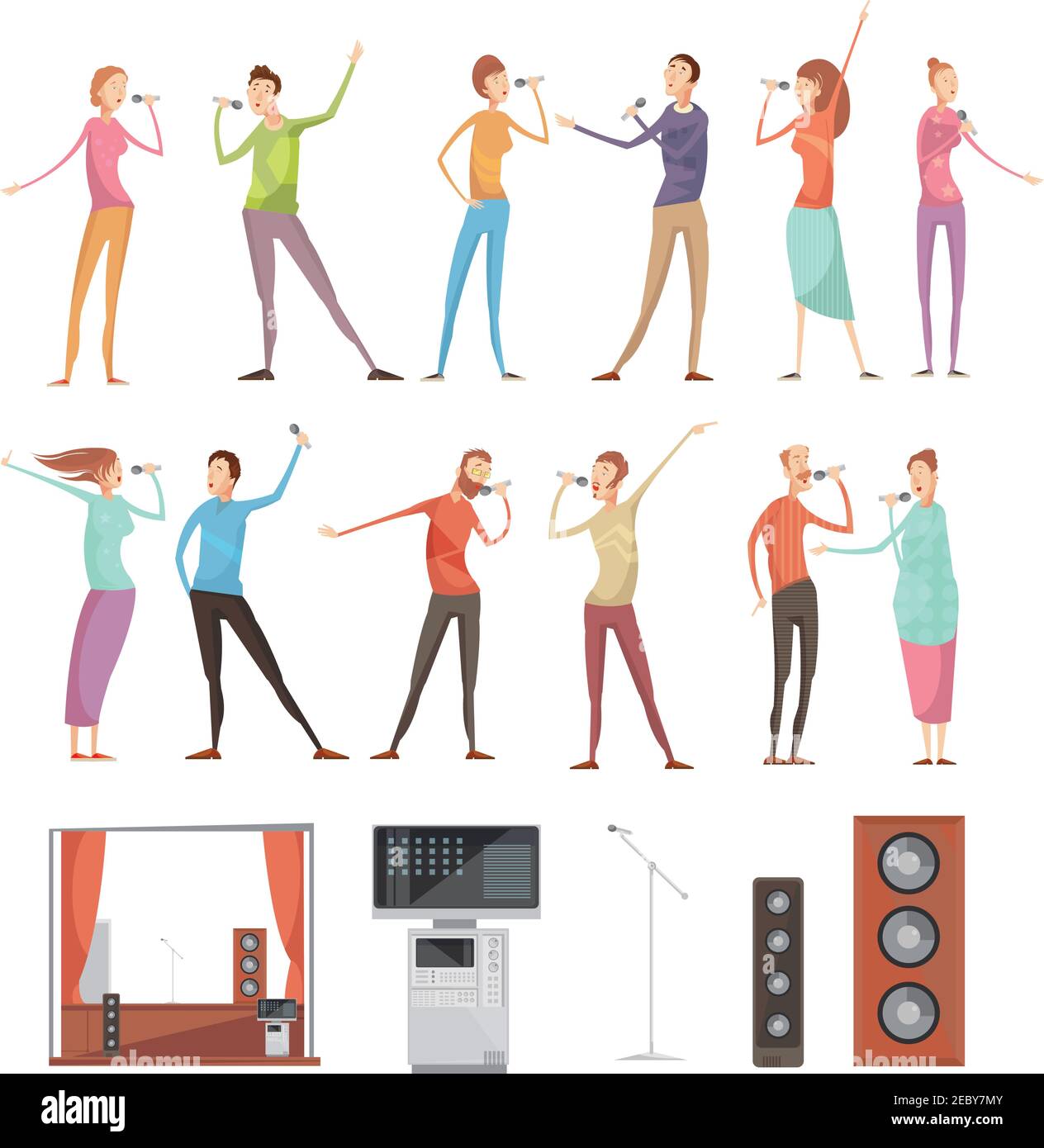 Karaoke party isolated icon set with full length singing people ...
