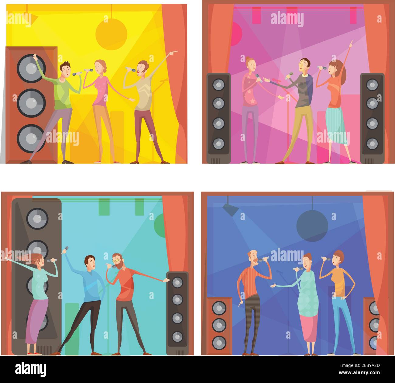 Set of four flat karaoke party compositions with group of singing ...