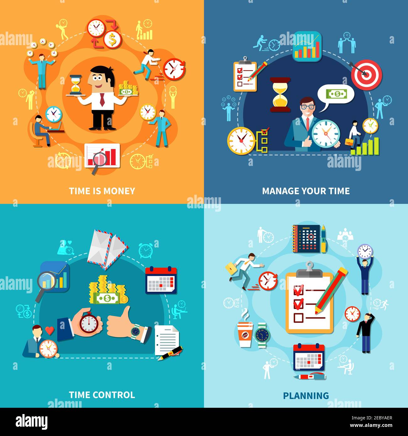 Square time management design concept set with round pictogram ...