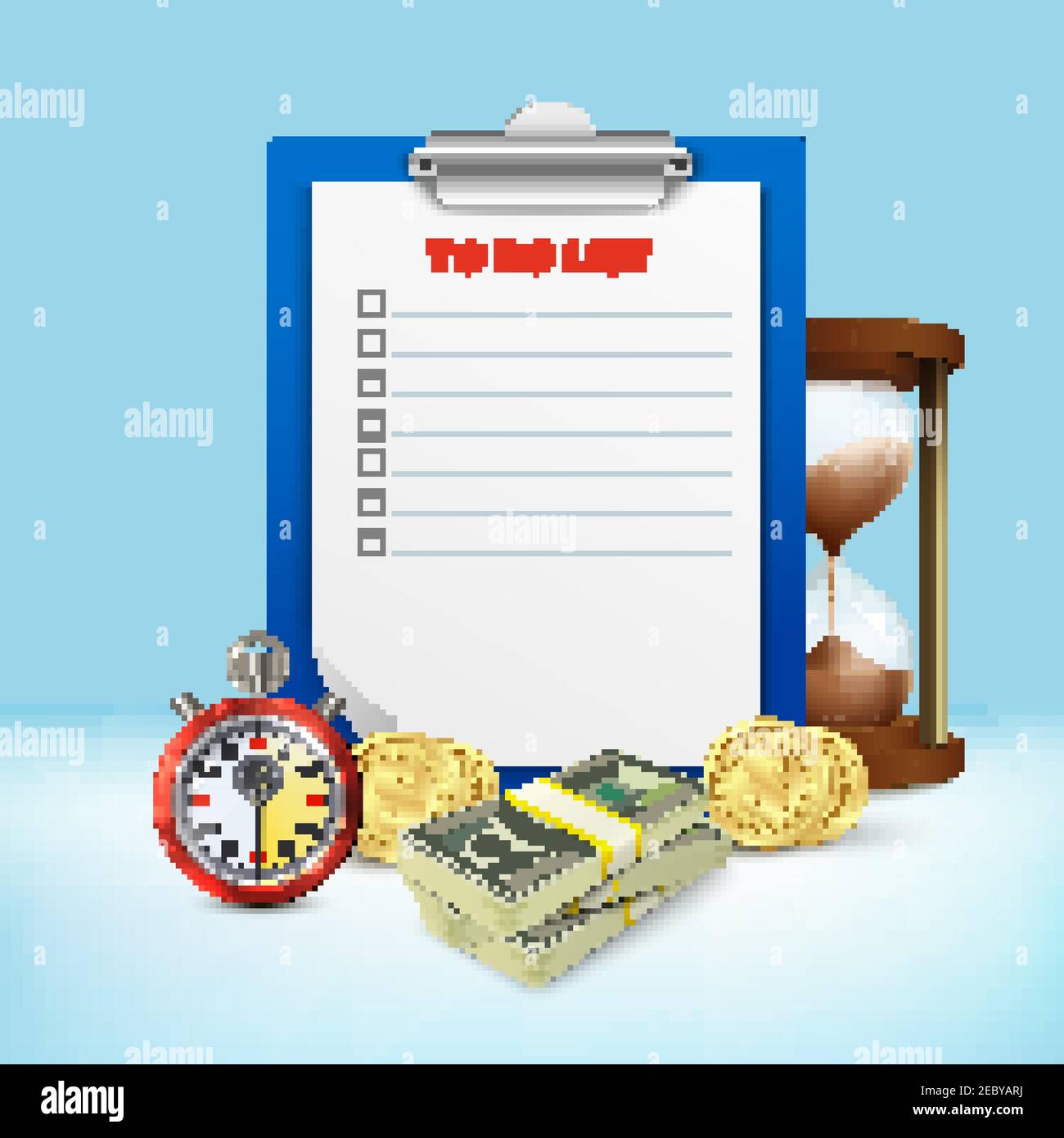 Time management composition with blank task list notepad page clock ...