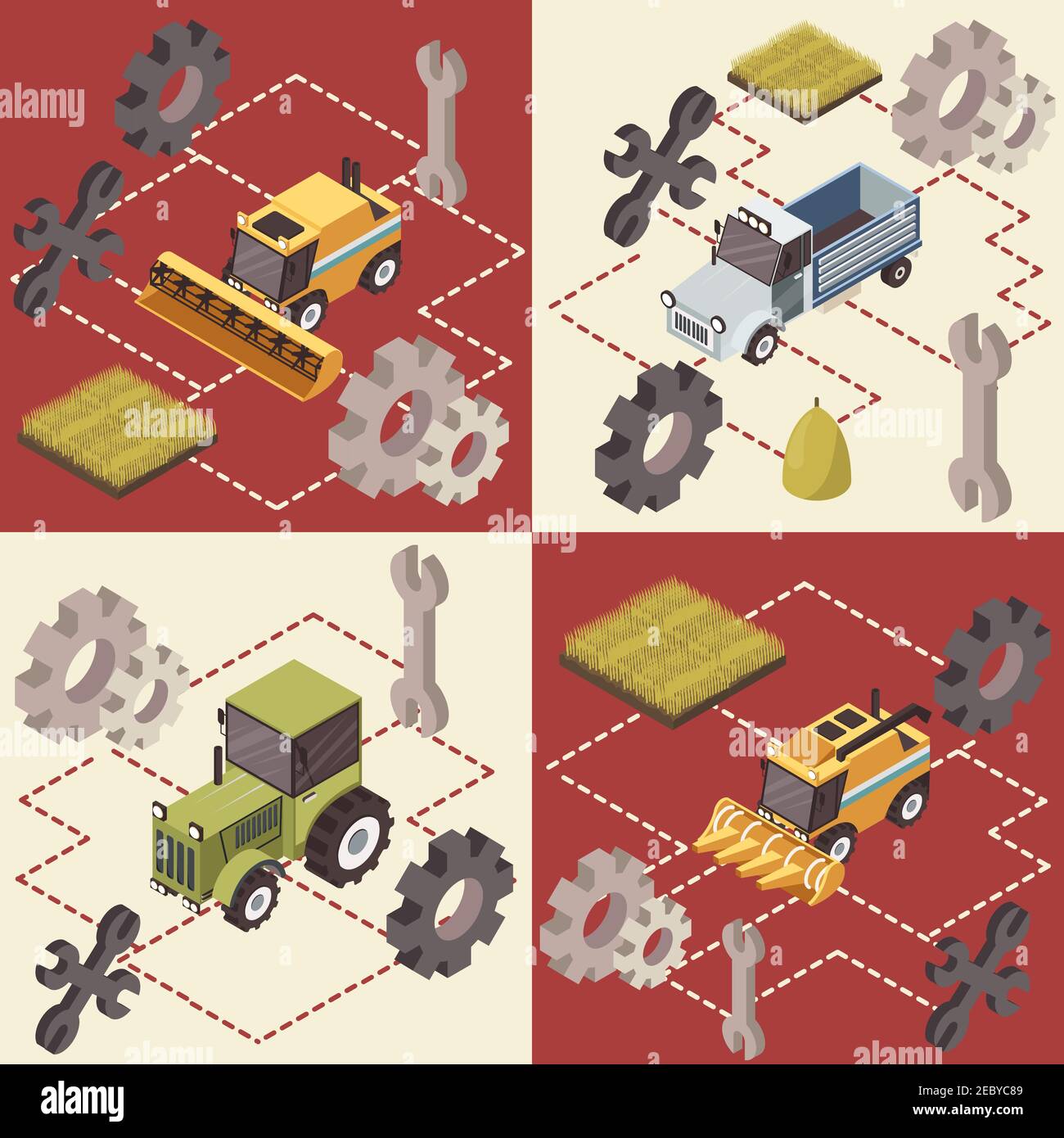 Farm vehicles isometric concept with tractor and truck spare parts and ...