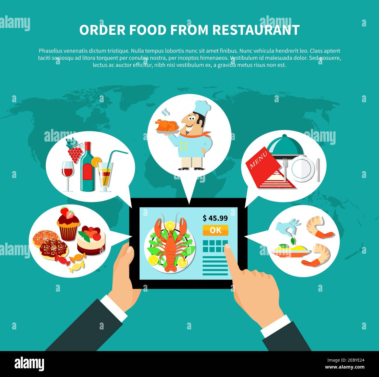 Restaurant infographical concept with human hands holding tablet with ...