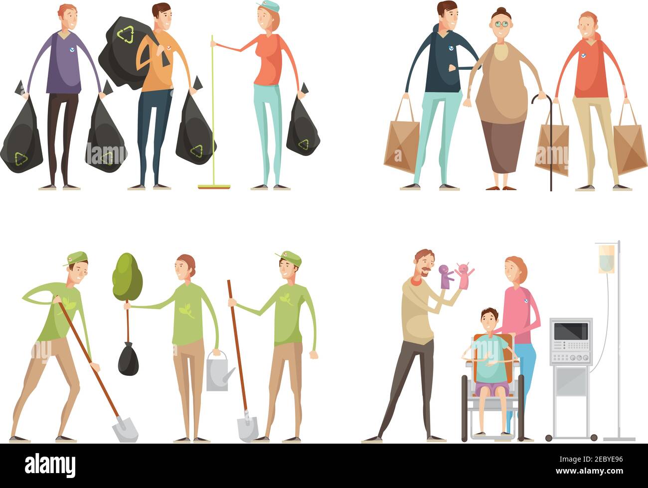 Set of four volunteering compositions with groups of young volunteers ...