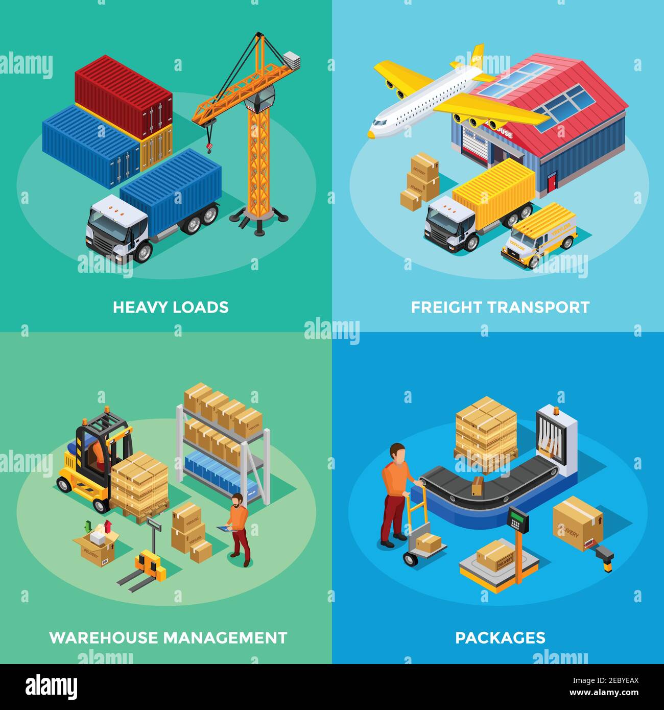 Warehouse isometric 2x2 icons set with delivery transport and process ...