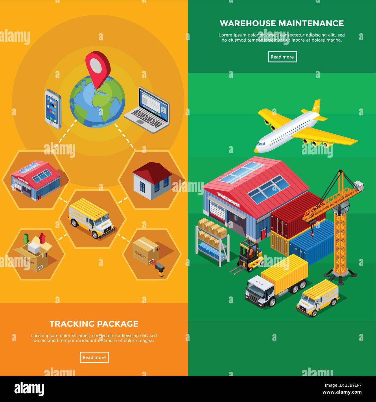 Warehouse isometric banners with stages of tracking package and ...