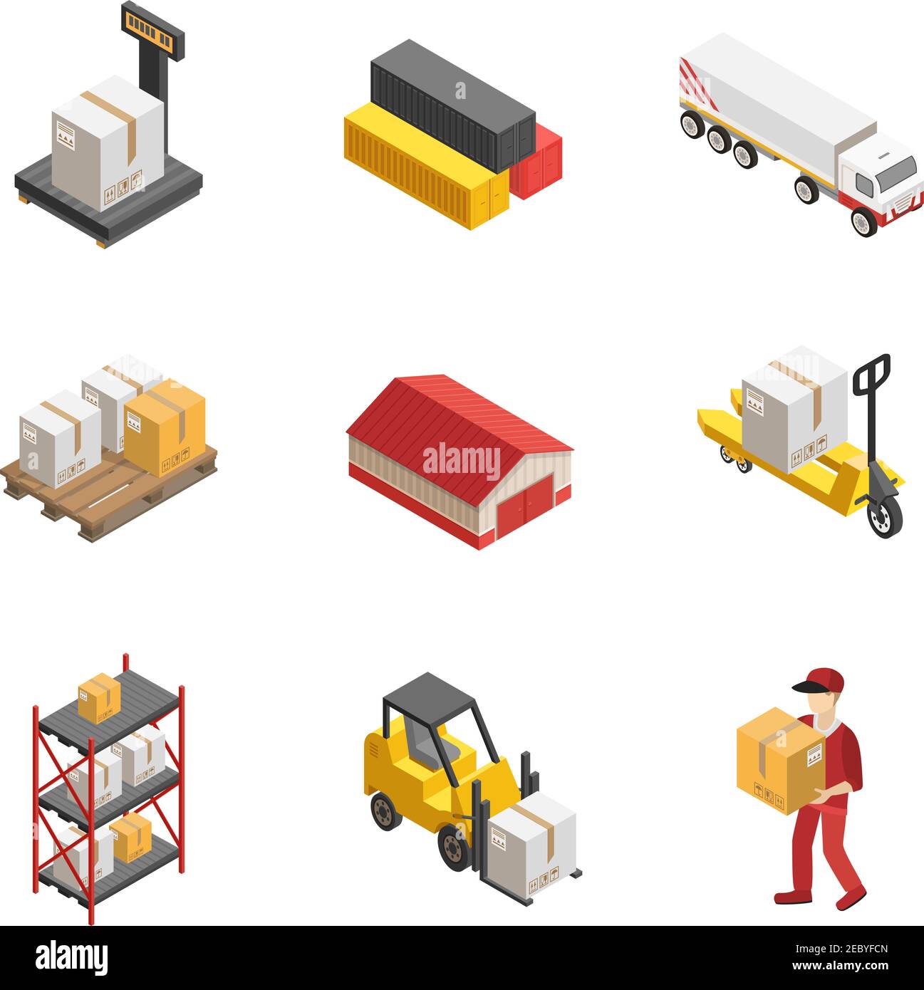 Stock logistics isometric icon set with loaders warehouses and vehicles ...