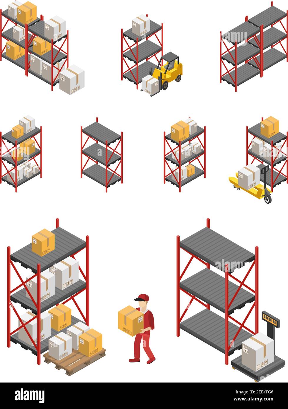 Isometric set of storage racks equipment and worker carrying box ...