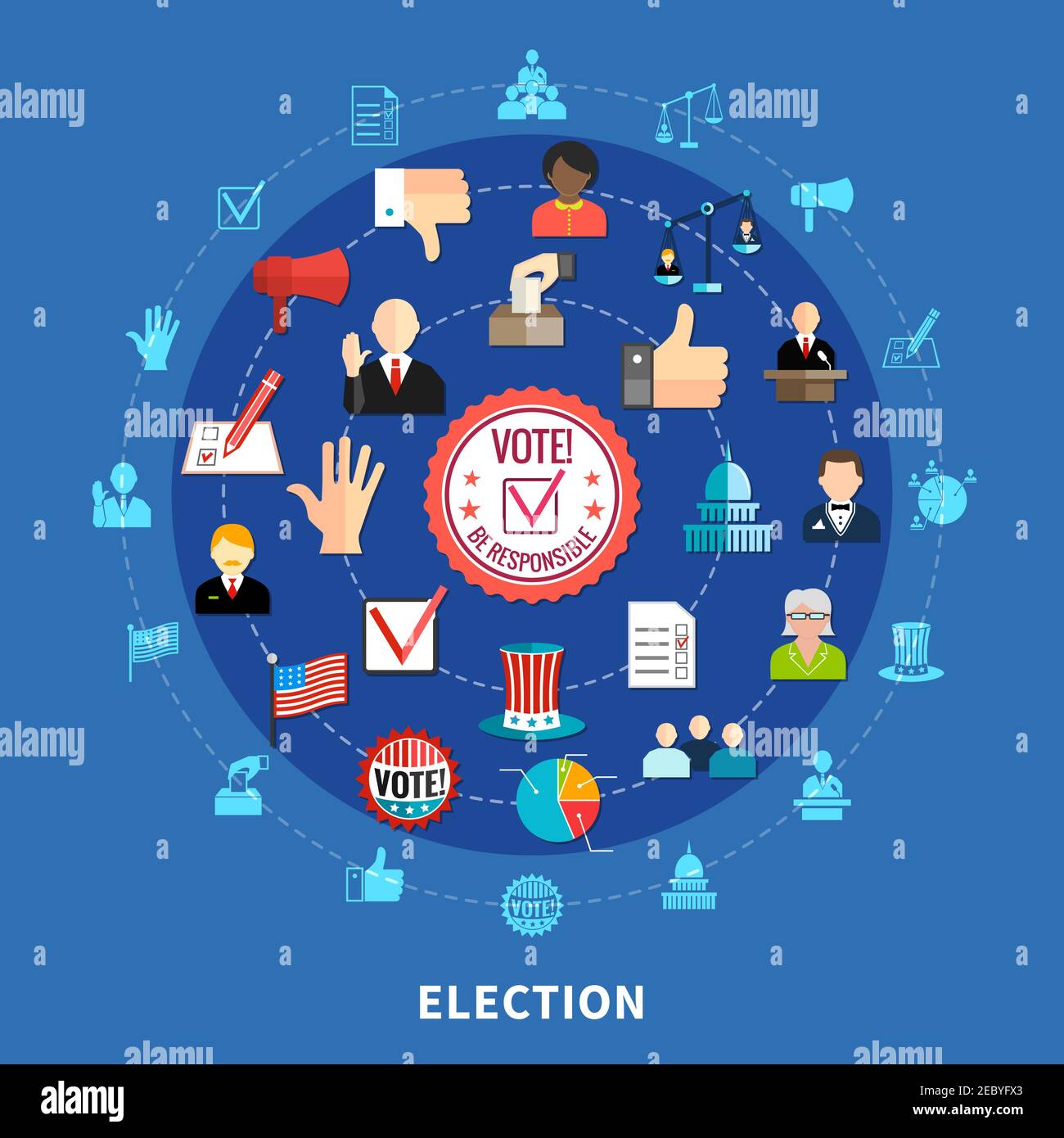 Election campaign circular set with isoleted icons on blue background ...