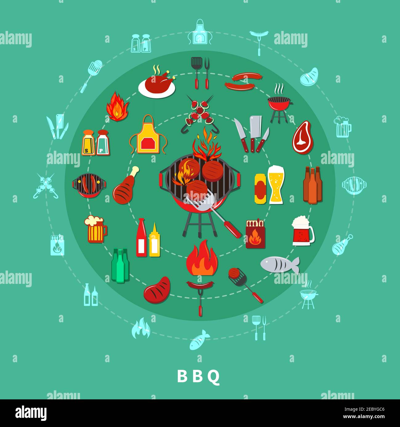 Barbecue circle composition poster with grill on the centre and many ...