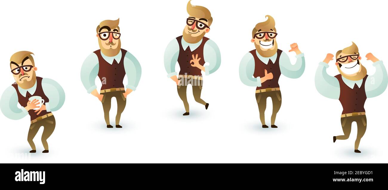 Funny office hispter man emotions in different days of week cartoon ...