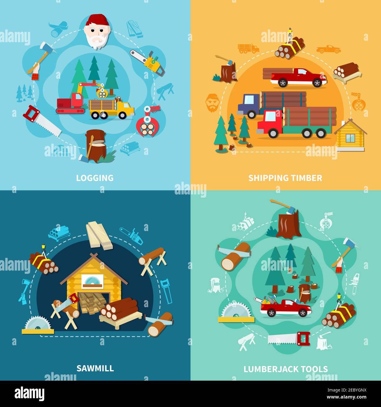 Four flat square lumberjack icon set with logging shipping timber ...