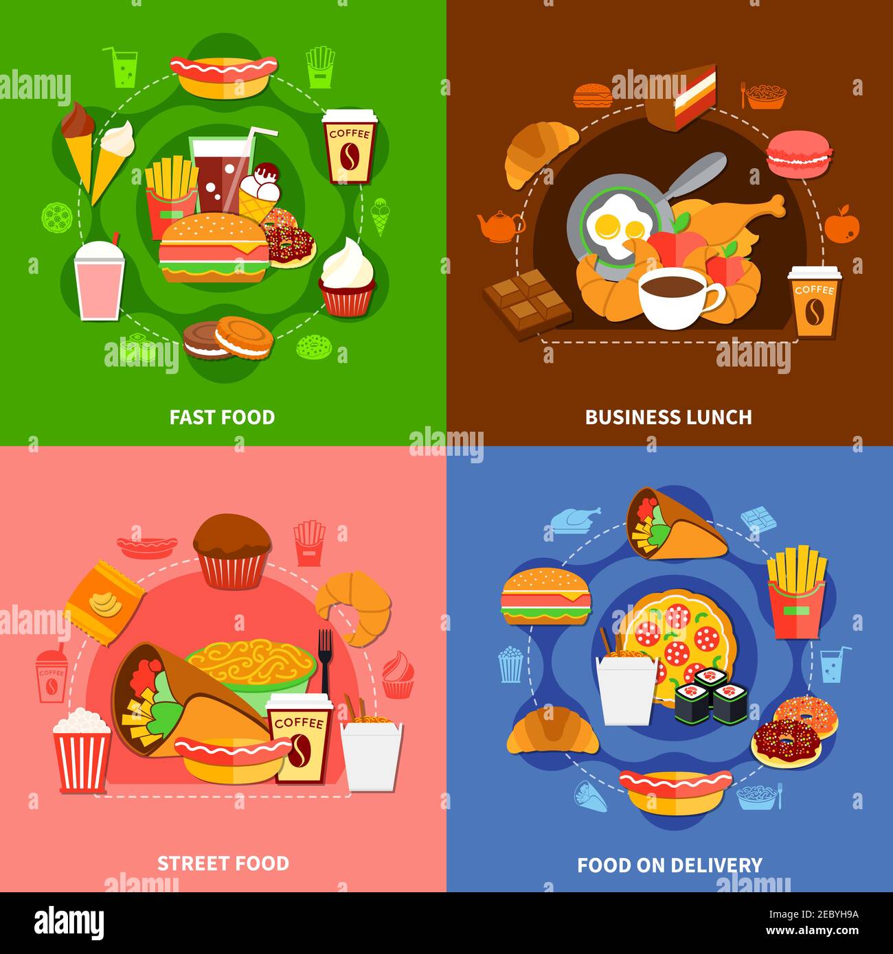 Fast food chains service 4 flat icons square with online orders and ...