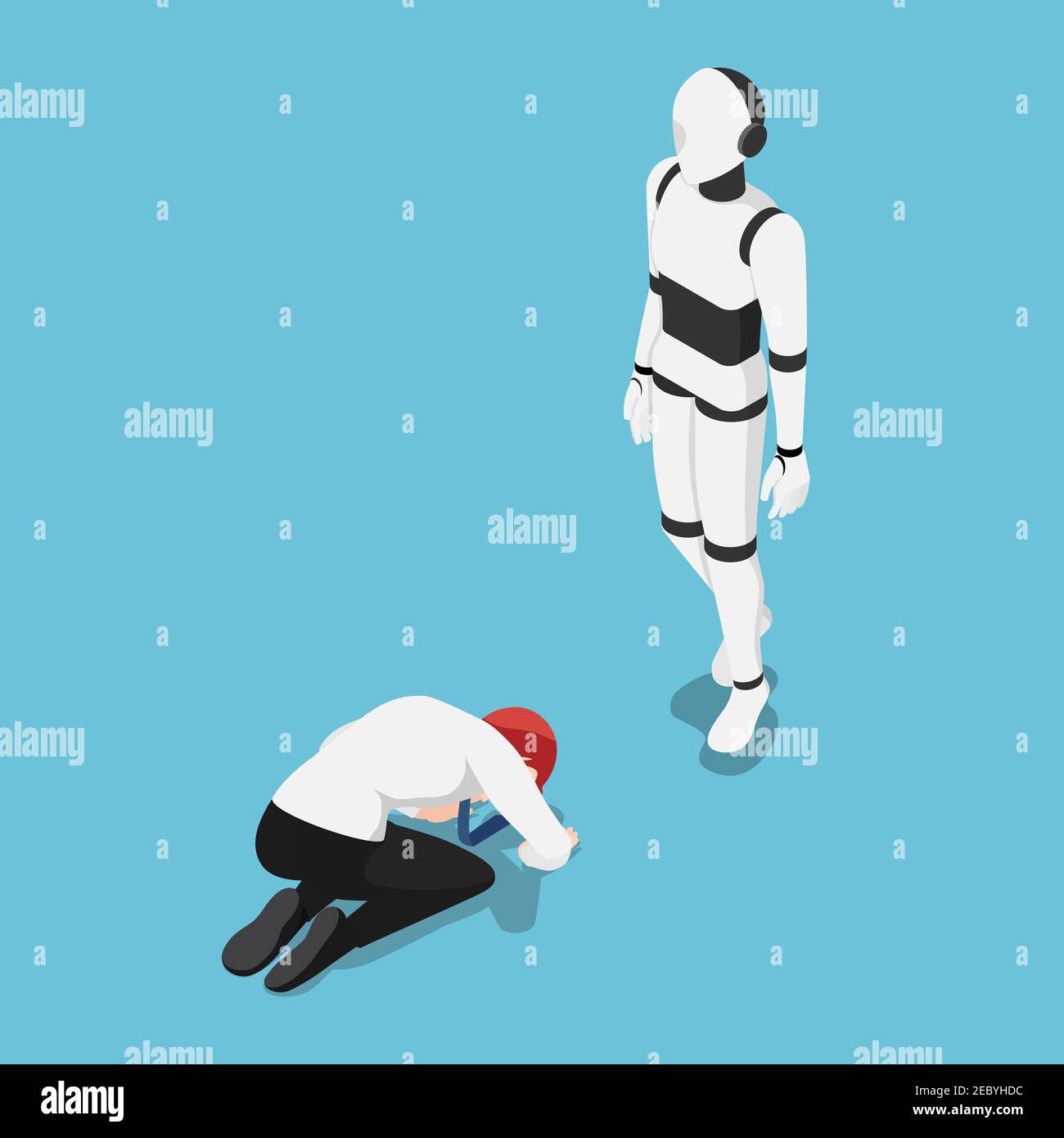 Flat 3d Isometric Businessman Prostrated In Front Of Ai Robot ...