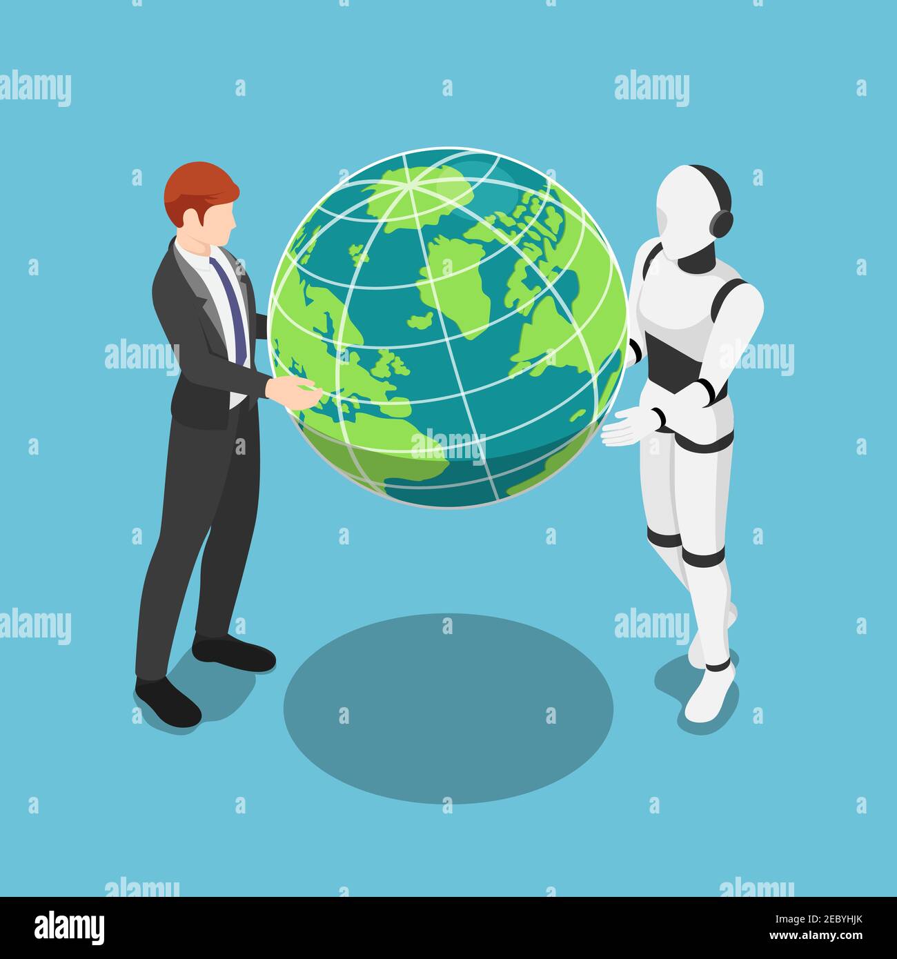 Flat 3d Isometric Businessman and Ai Robot Holding The World Together ... Flat 3d Isometric Businessman and Ai Robot Holding The World Together ...