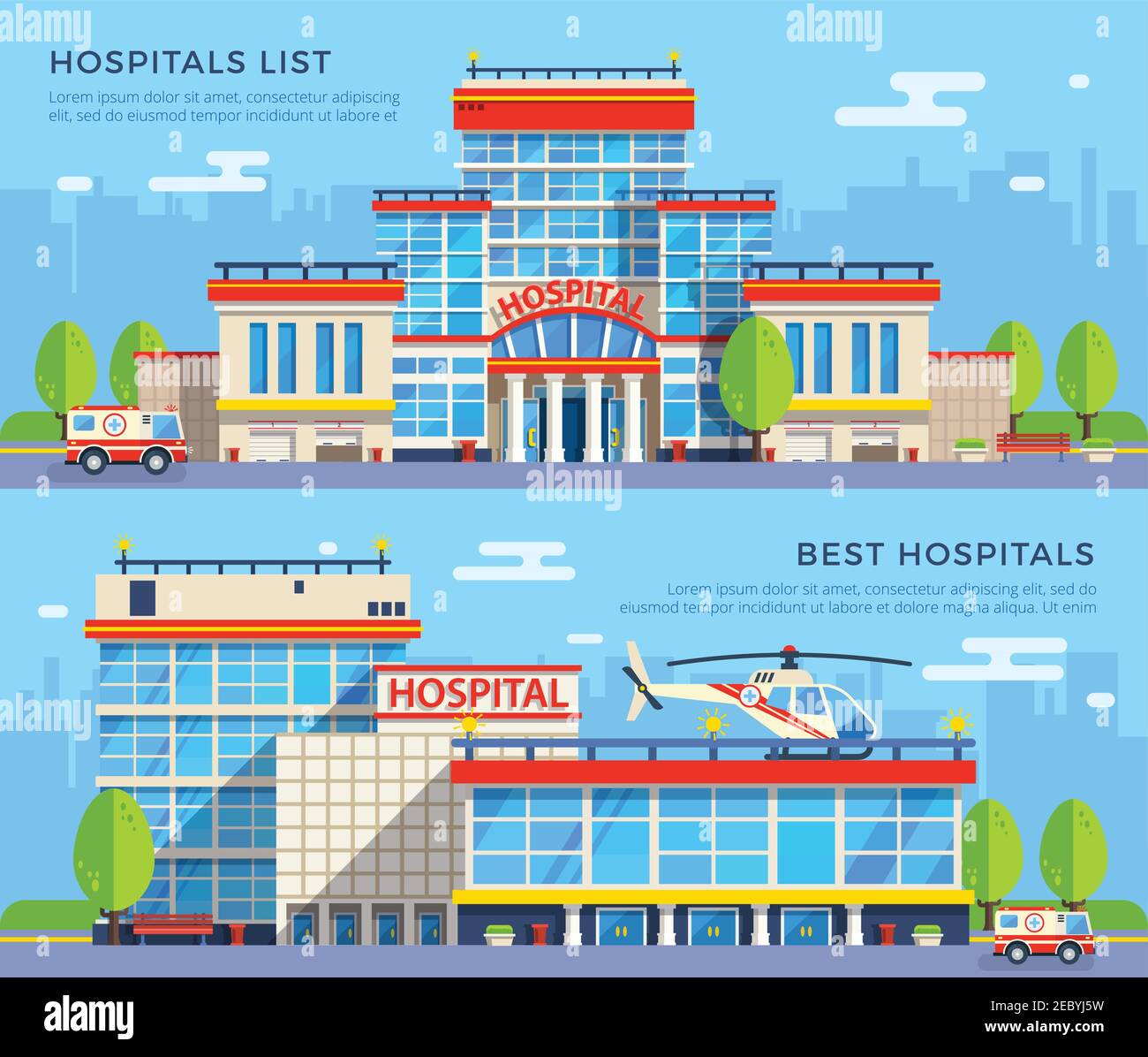 Modern many-storeyed hospital buildings with emergency car and ...