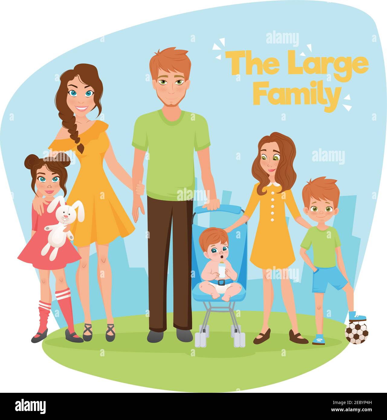 Large family design concept with young parents two daughters son and ...