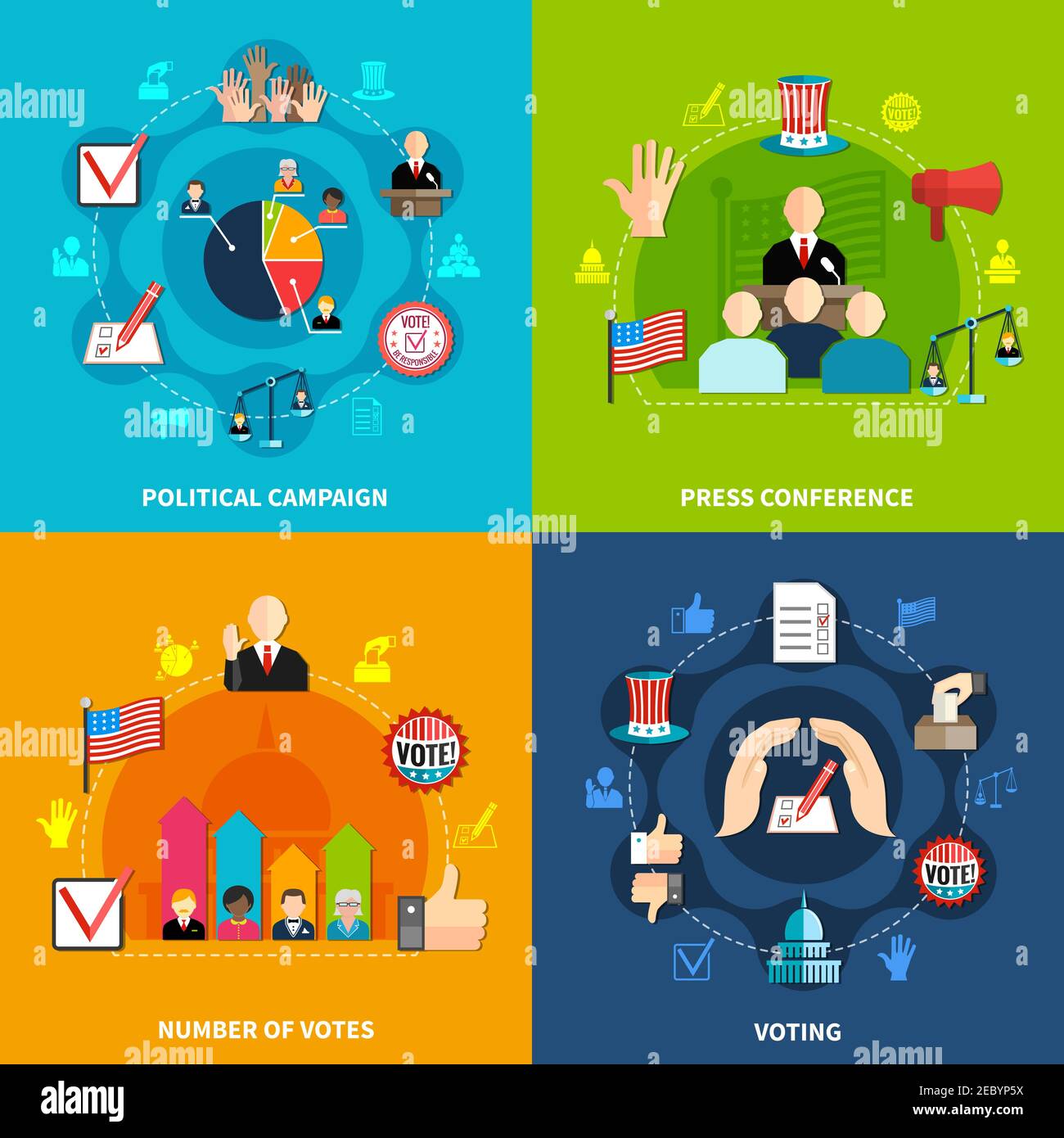 Elections design concept set 2X2 with voting, political debate and ...
