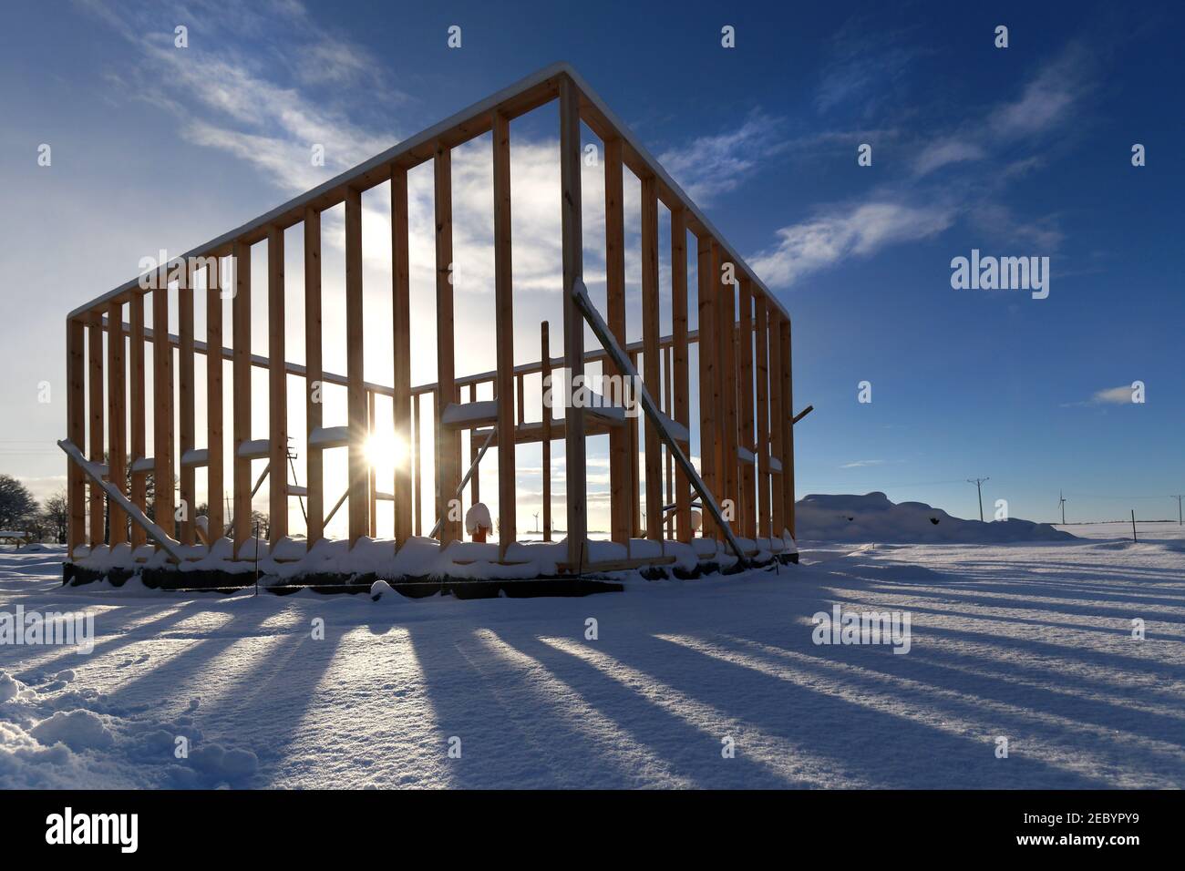 New residential construction of wooden frame house cold winter weather ...