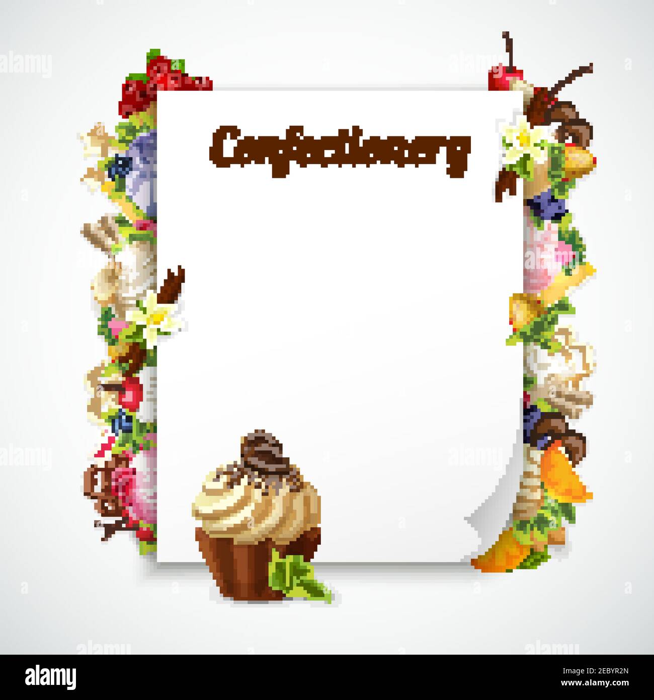 Decorative frame with desserts and cupcake around paper sheet with ...