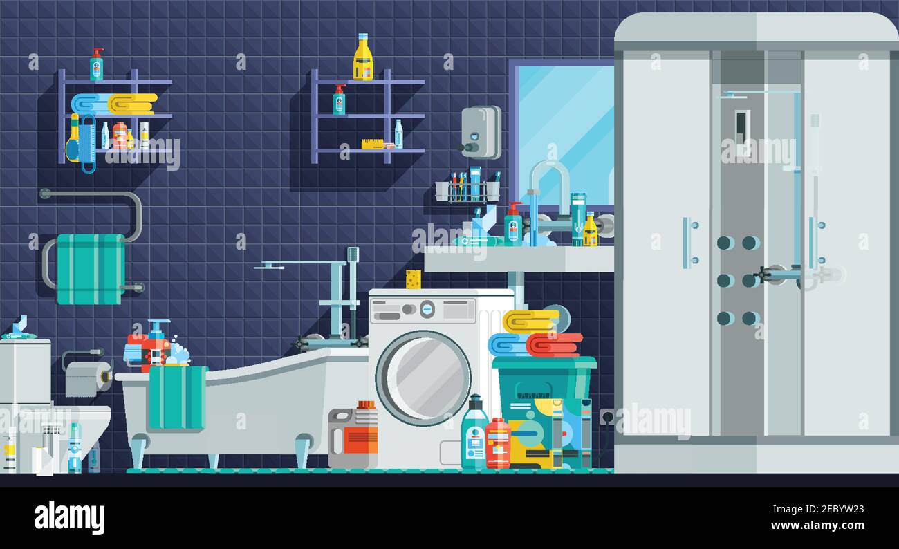 Hygiene icons orthogonal flat composition with shower cabin bath sink ...
