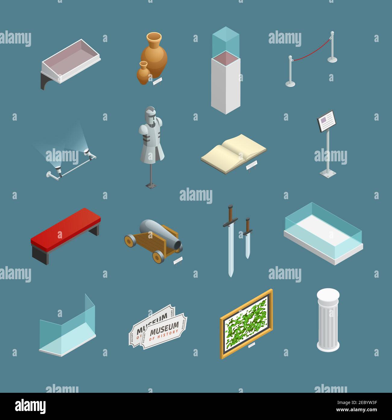 Isometric icons set of museum exhibits and elements like ancient vase ...