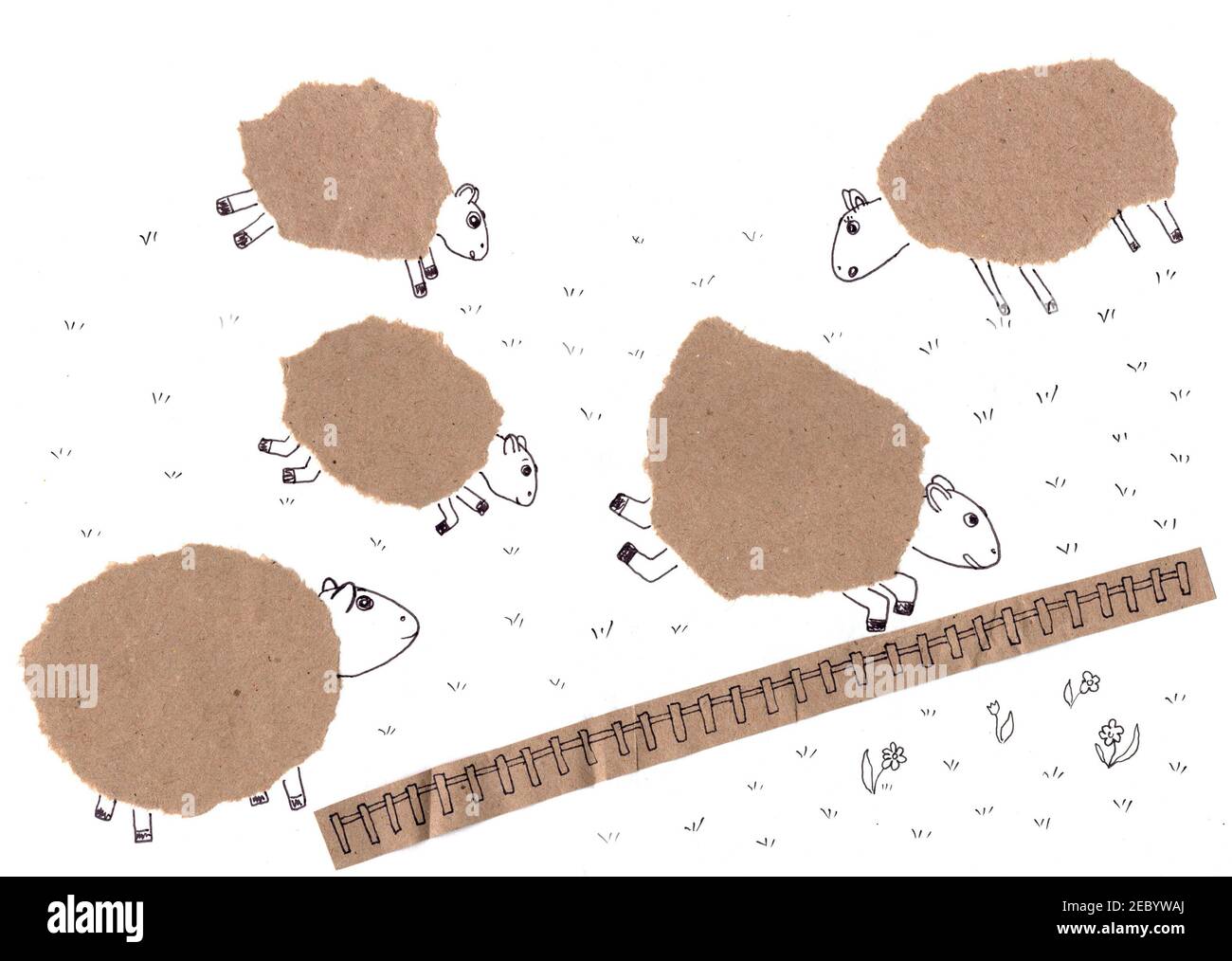 Cute sheep on pasture with fence. Craft paper collage on white ...