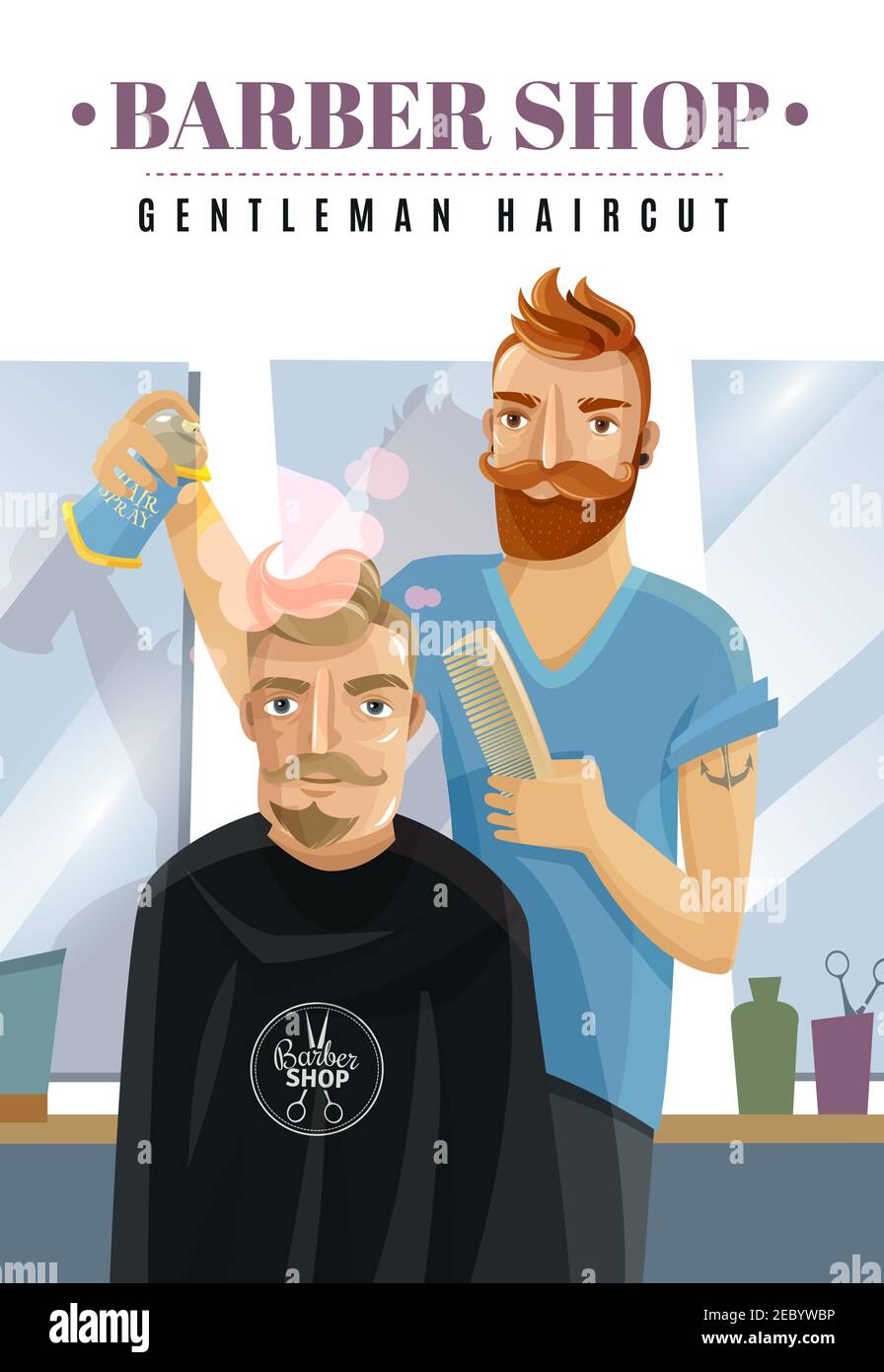 Hairdresser finishing hipster man haircut with comb and spray at ...