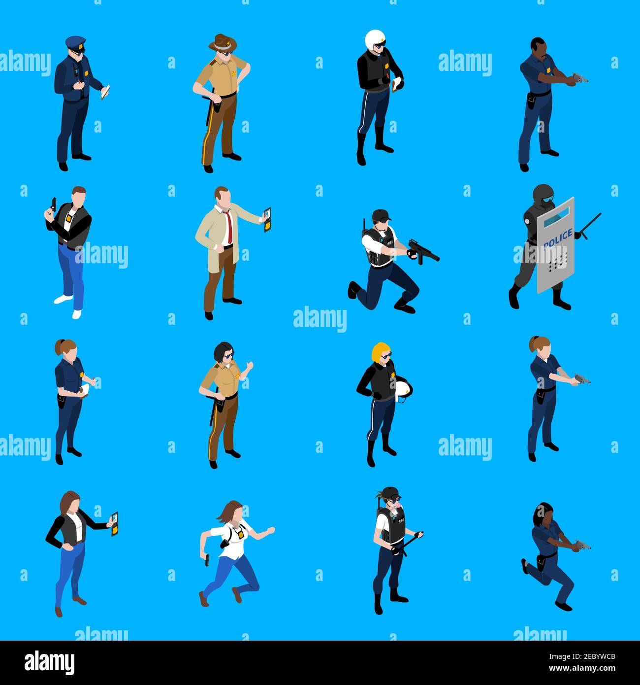 Set of isometric icons depicting policeman and policewoman with ...