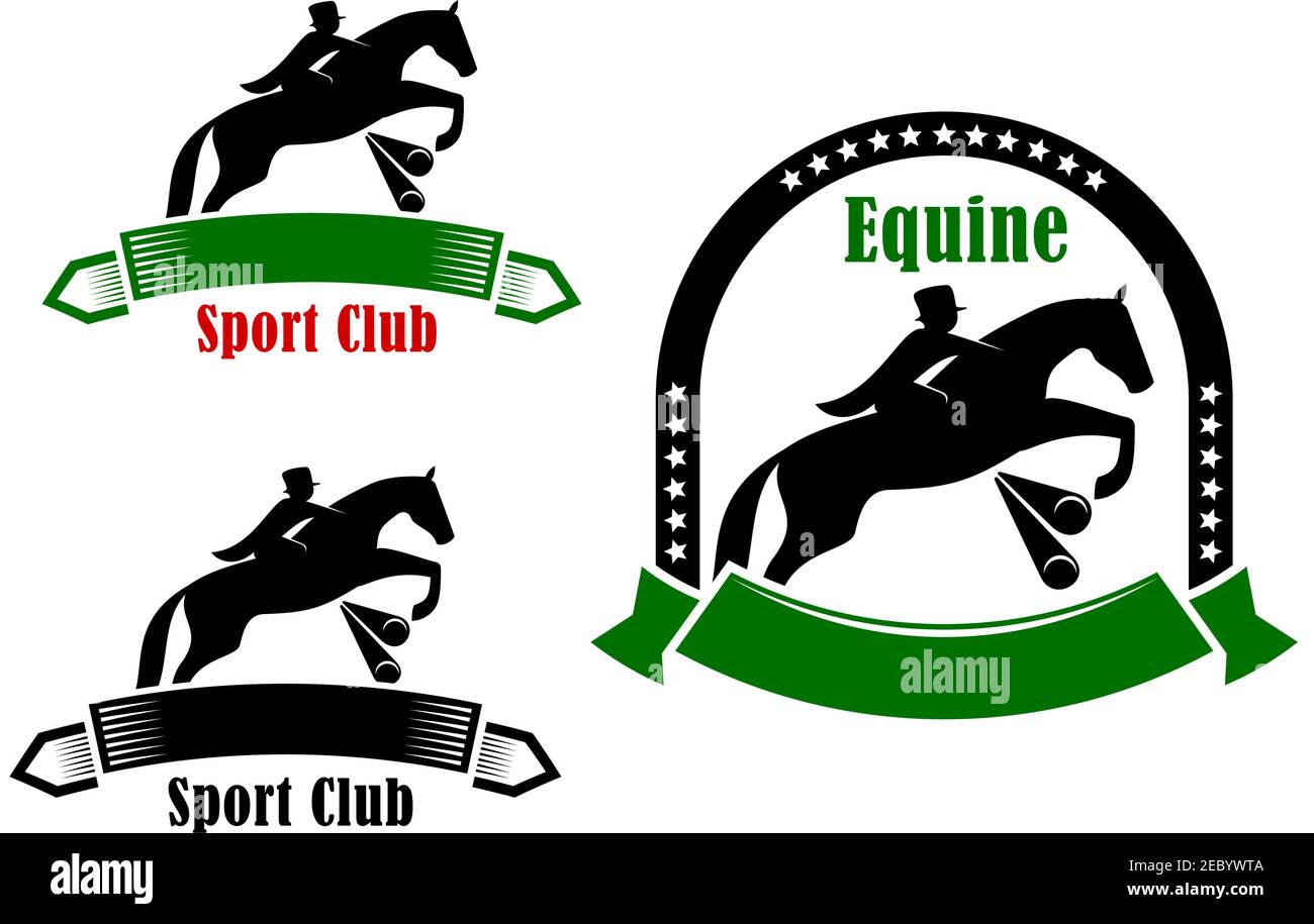 Retro sporting emblems of equestrian club design with elegant jockey ...
