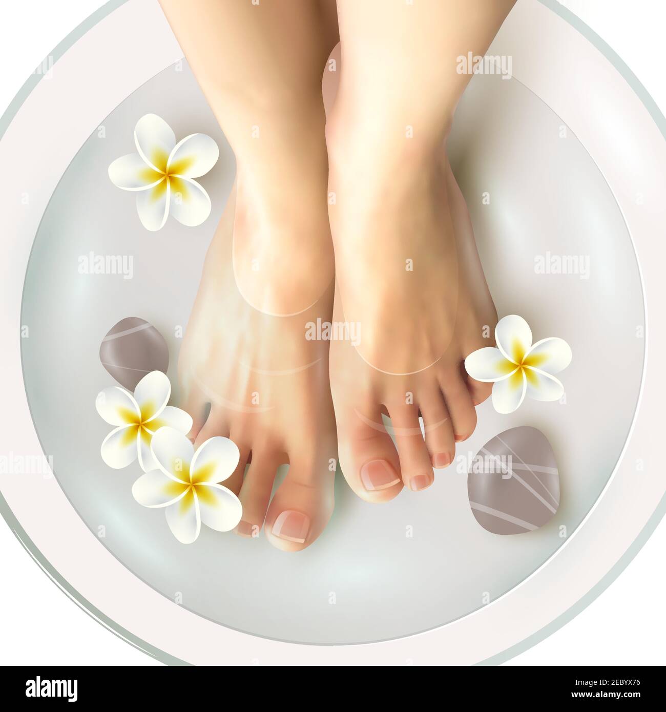 Pedicure spa female feet in spa bowl with water flowers and stones ...