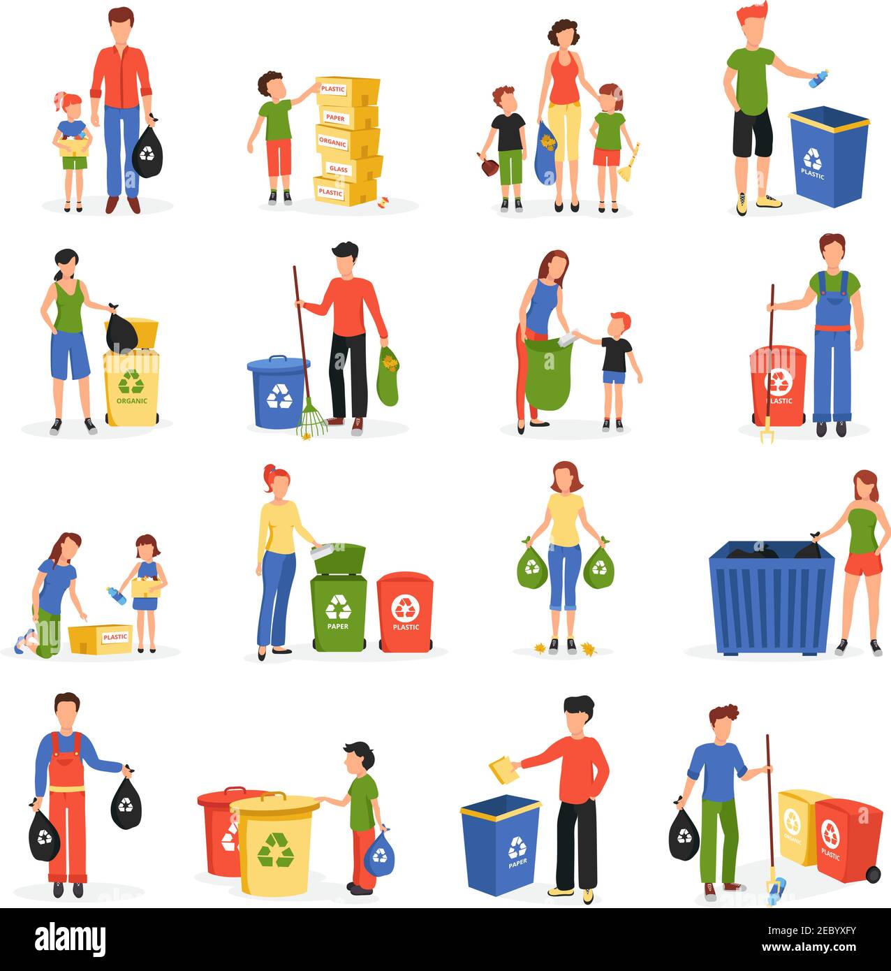 People collecting and sorting waste for recycling and reuse flat icons ...