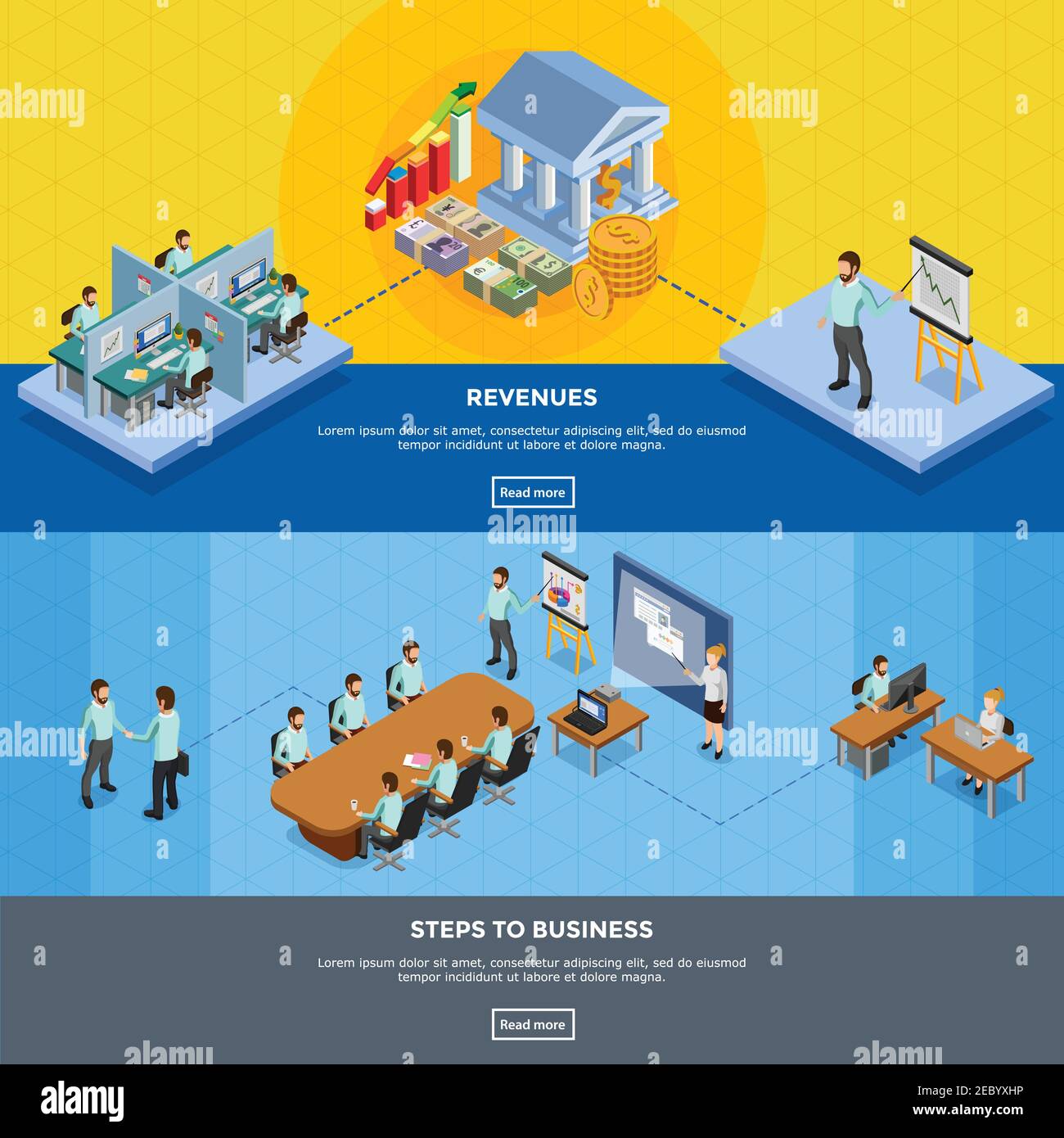 Isometric office banners with clerks at their workplaces and in ...