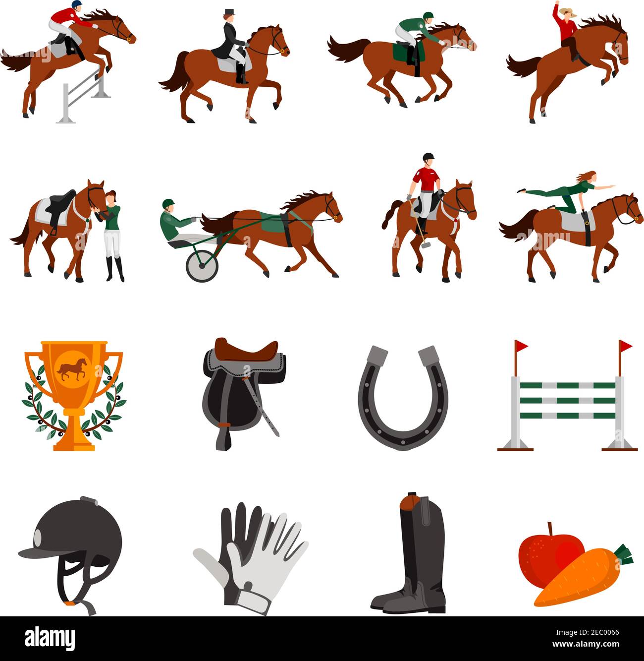 Horse rising sport flat color icons with rider on horseback jockey in ...