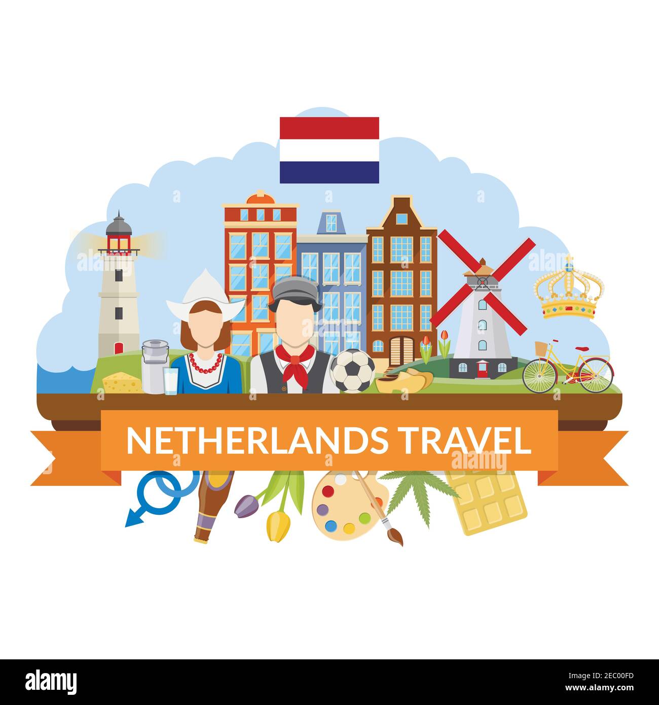 Flat design netherlands travel composition with various dutch symbols ...