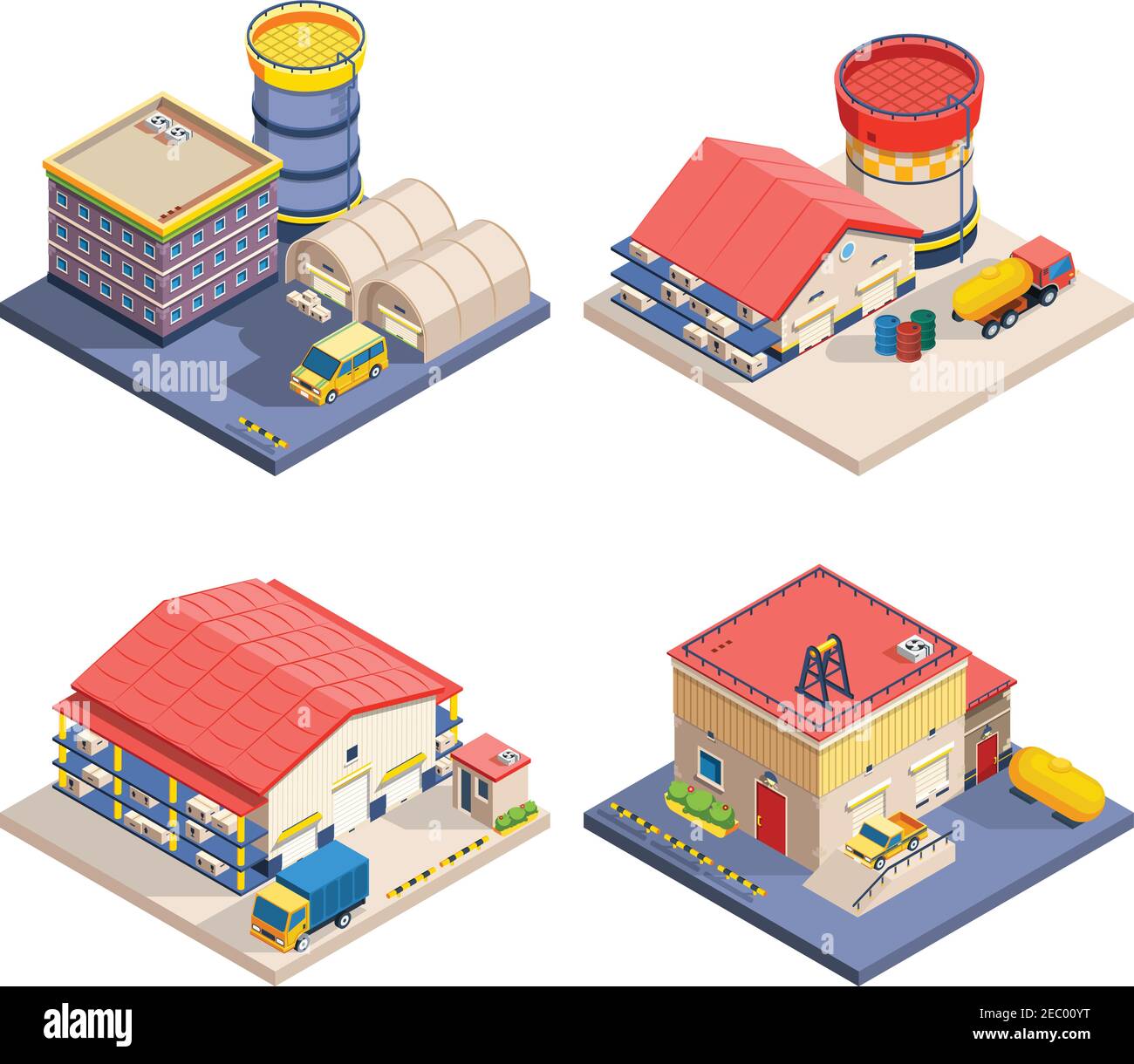 Warehouse buildings of different size with freight transport isometric ...