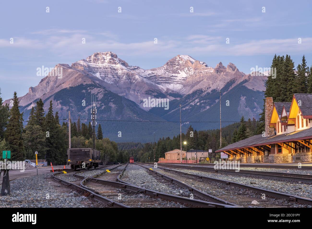 Banff Railway Station in summer evening. Banff National Park, Canadian Rockies. Banff, Alberta ...